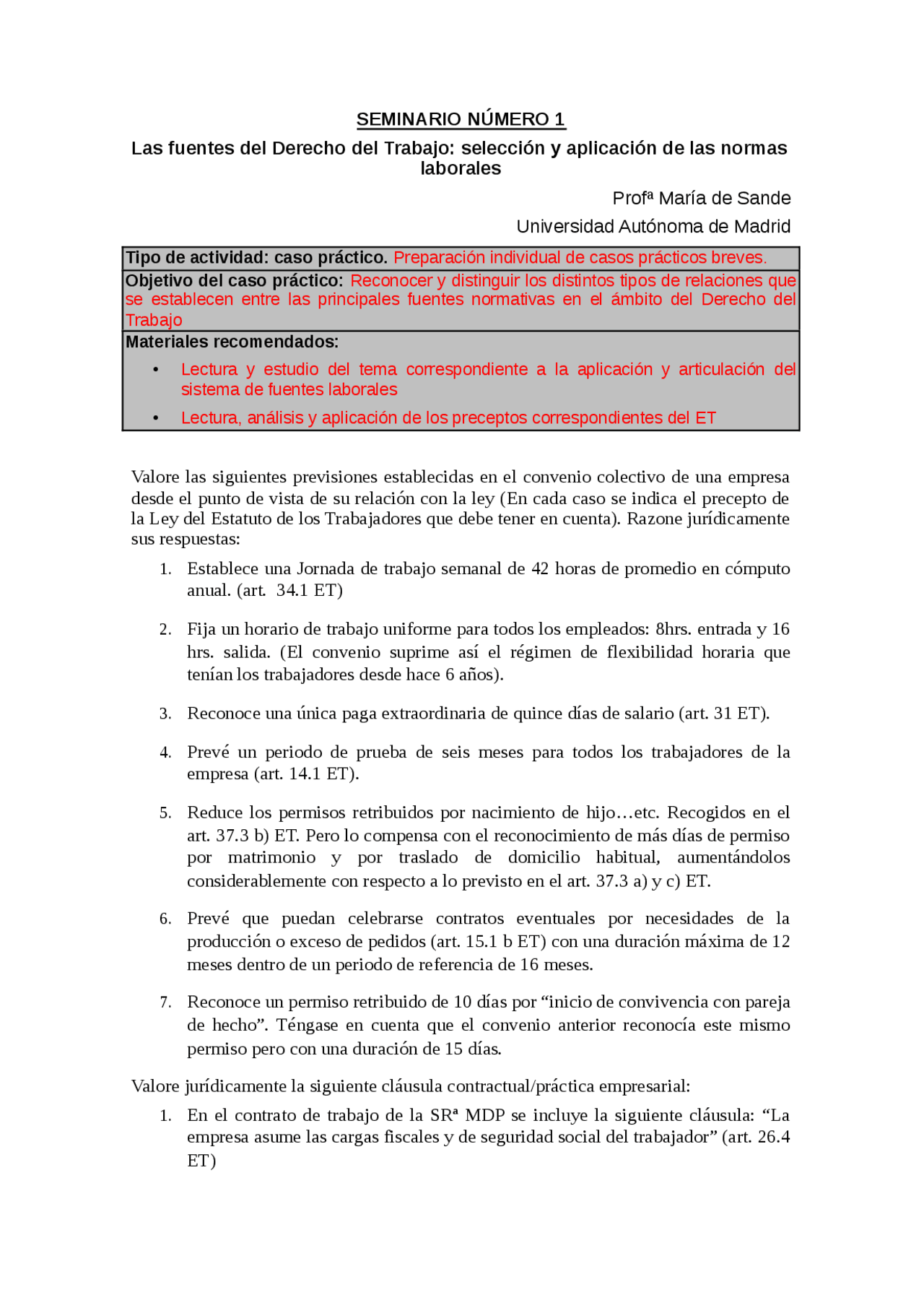 SEMINARIO 1 - DERECHO DEL TRABAJO - Apuntes de Derecho Laboral | Docsity
