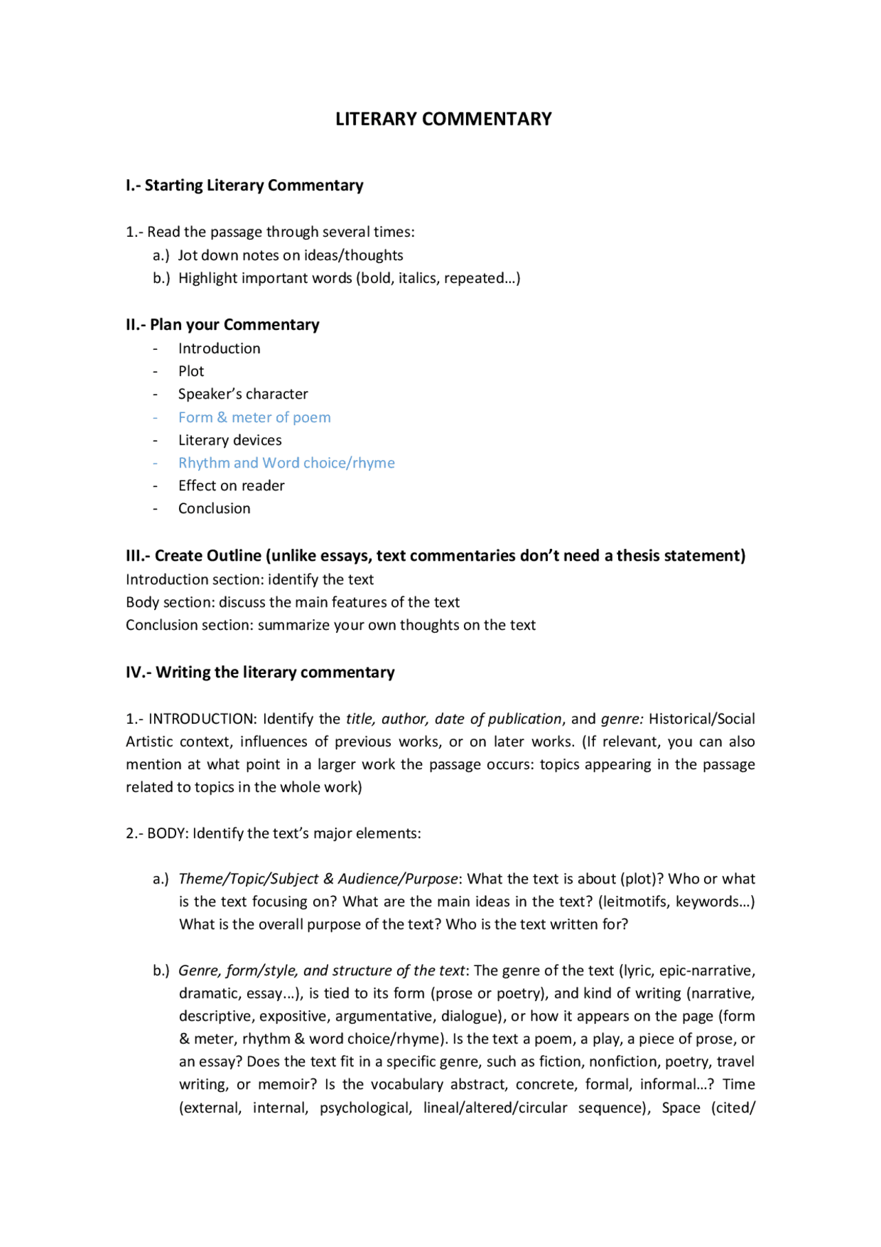 LITERARY COMMENTARY I.- Starting Literary Commentary II - Apuntes de ...