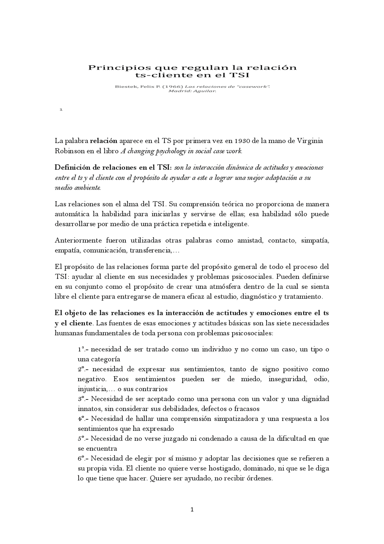 Principios que regulan la relación Ts-cliente (Felix Biestek) - Apuntes ...