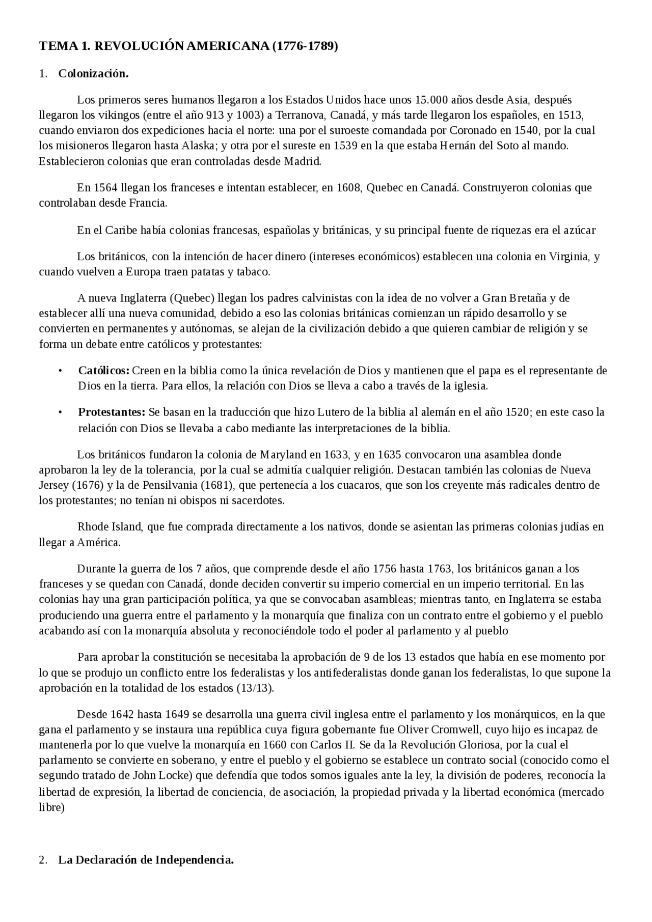 TEMA 1. REVOLUCIÓN AMERICANA (1776-1789 - Apuntes de Historia - Docsity