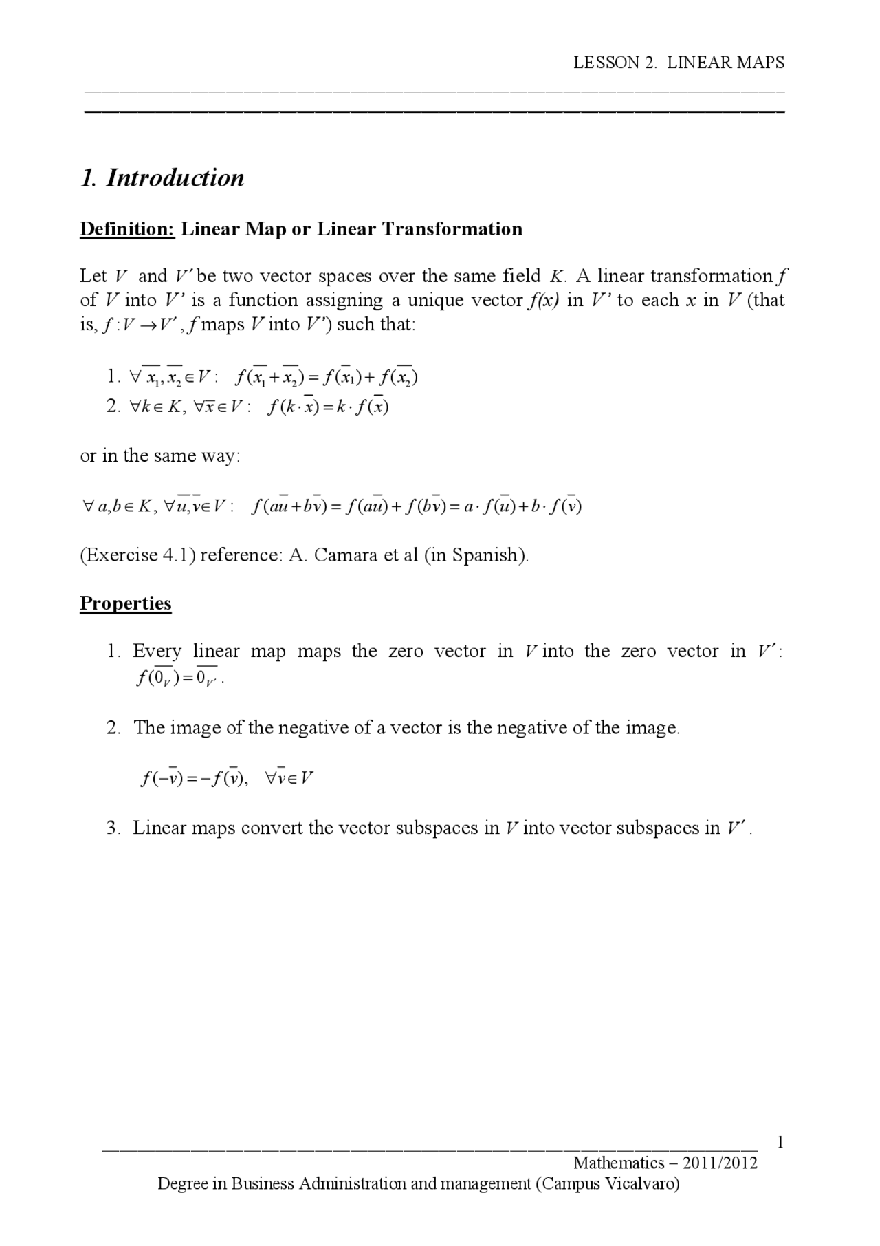 Lesson 2: Linear Maps - Apuntes de Administración de Empresas - Docsity
