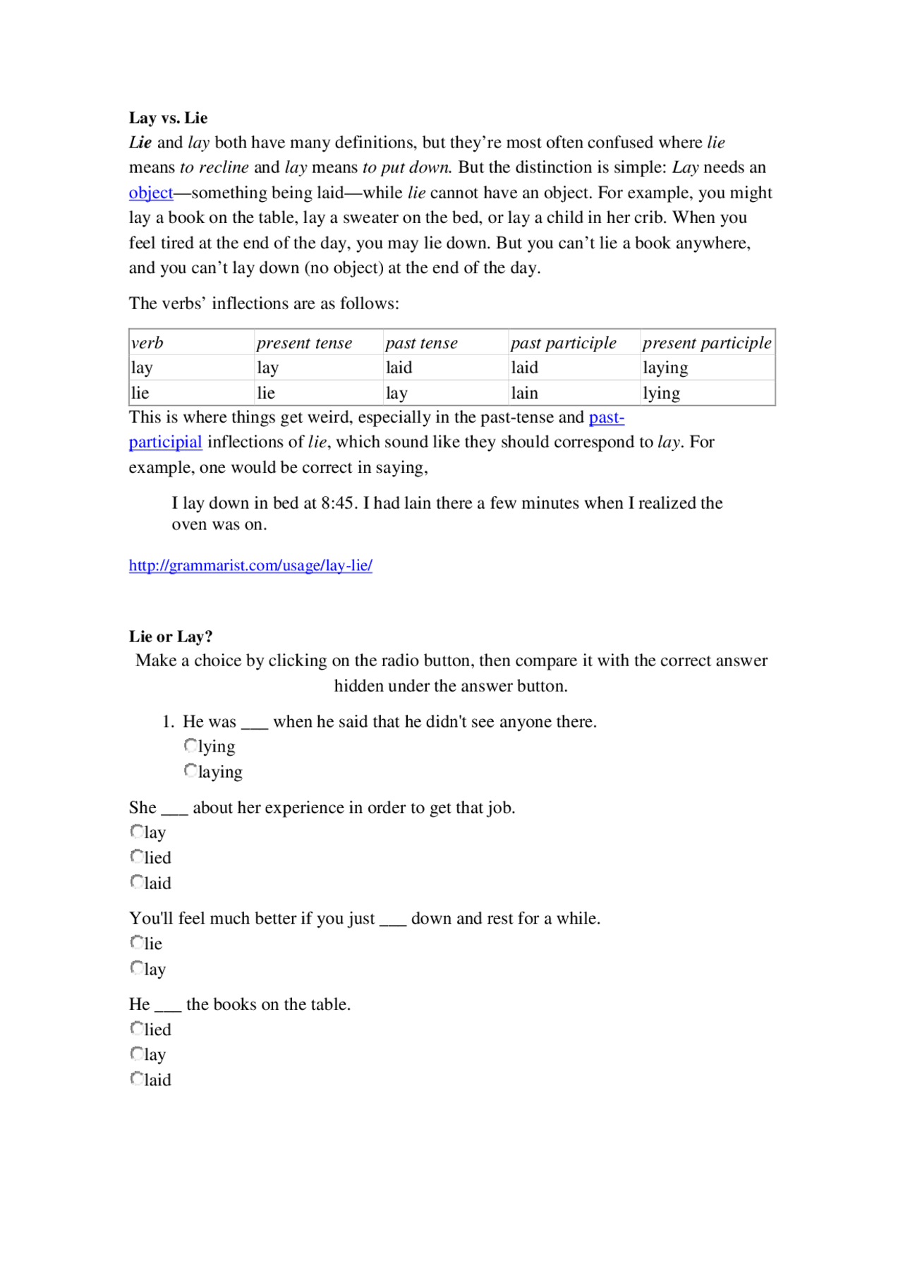 Lay, lie - Apuntes de Idioma Inglés - Docsity