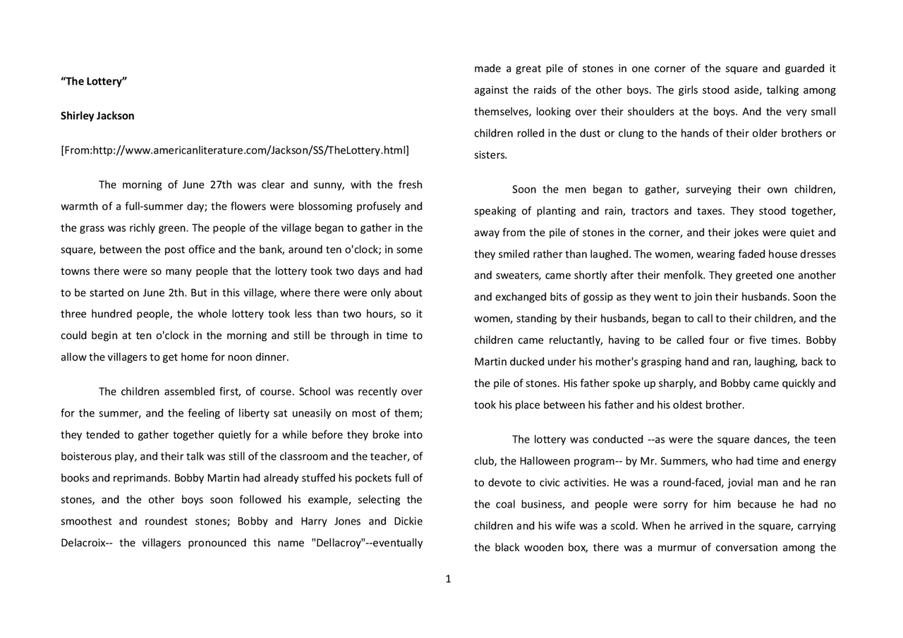 The lottery/obra - Apuntes de Filología Inglesa - Docsity