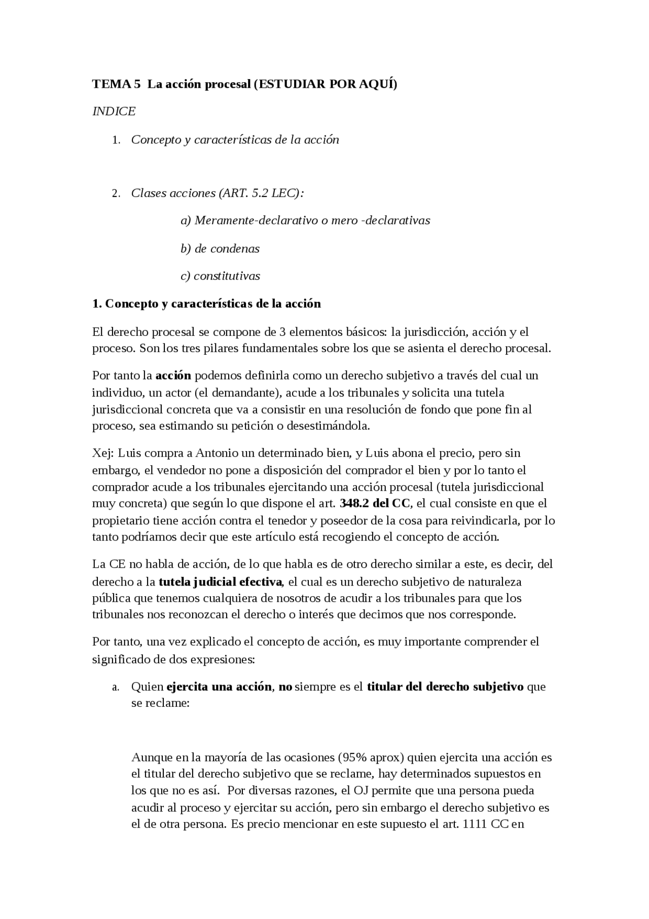 TEMA 5 La acción procesal (ESTUDIAR POR AQUÍ INDICE Conce - Apuntes de ...