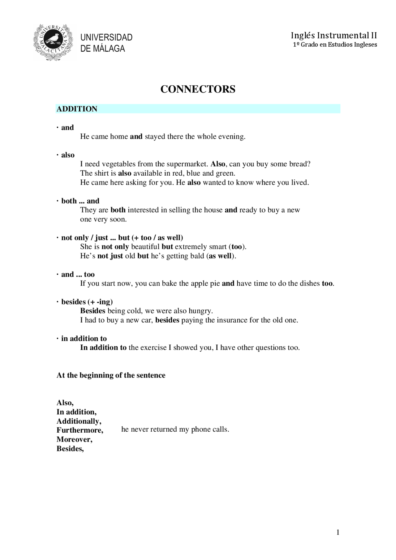 CONNECTORS ADDITION - Ejercicios de Idioma Inglés - Docsity