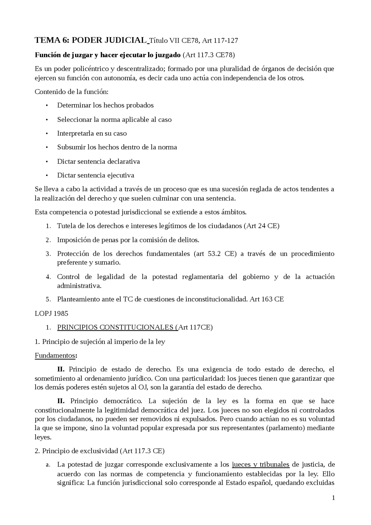 TEMA 6: PODER JUDICIAL - Ejercicios de Derecho Constitucional - Docsity