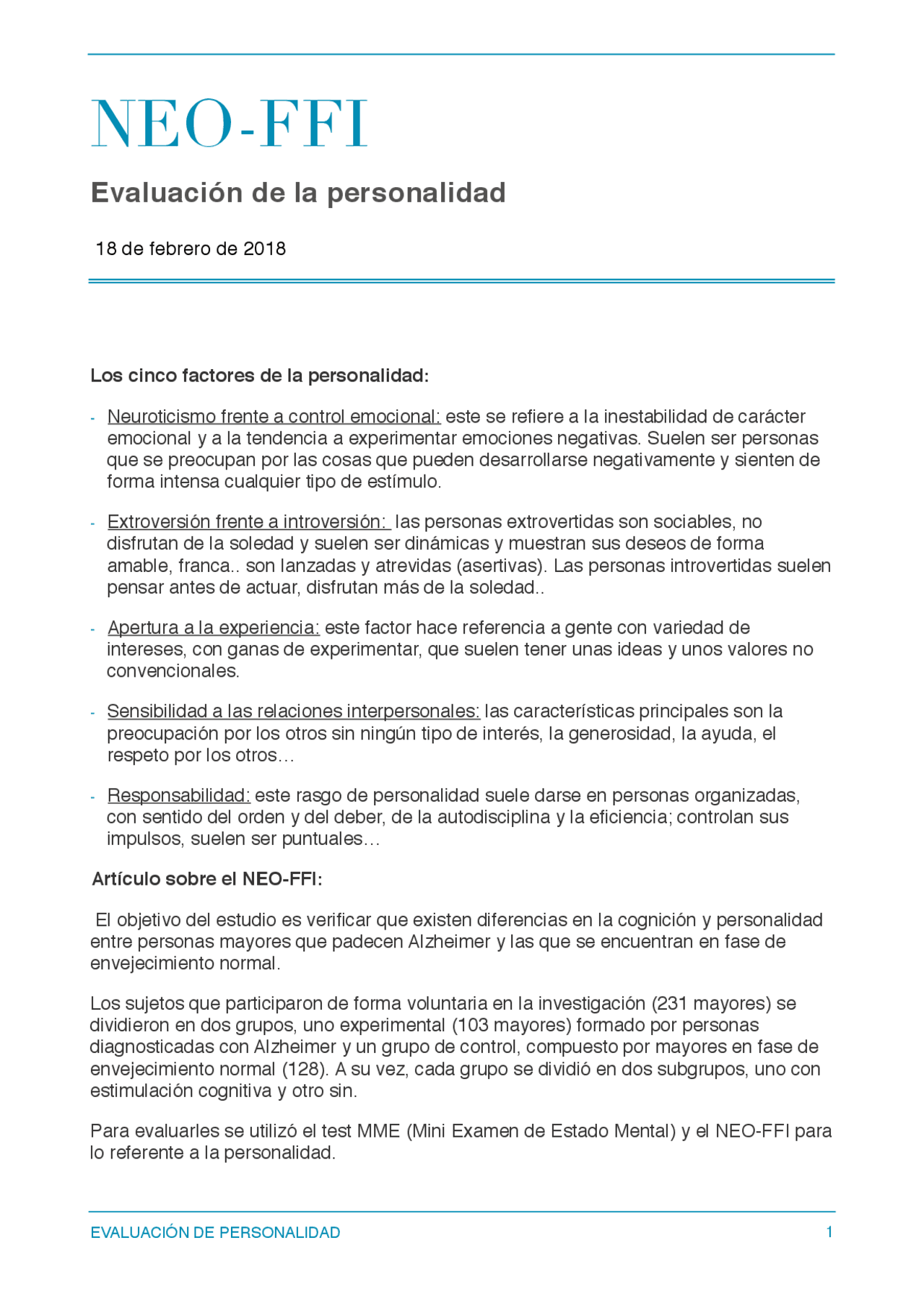Actividad NEO-FFI - Ejercicios de Psicología - Docsity