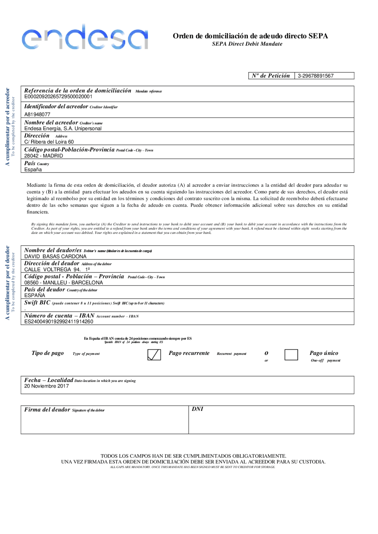 Orden de domiciliación de adeudo directo SEPA SEPA Direct Debit Mandate ...