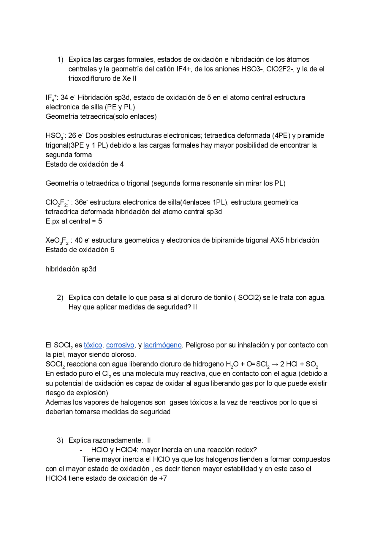 1)Explica las cargas formales estados - Ejercicios de Química | Docsity