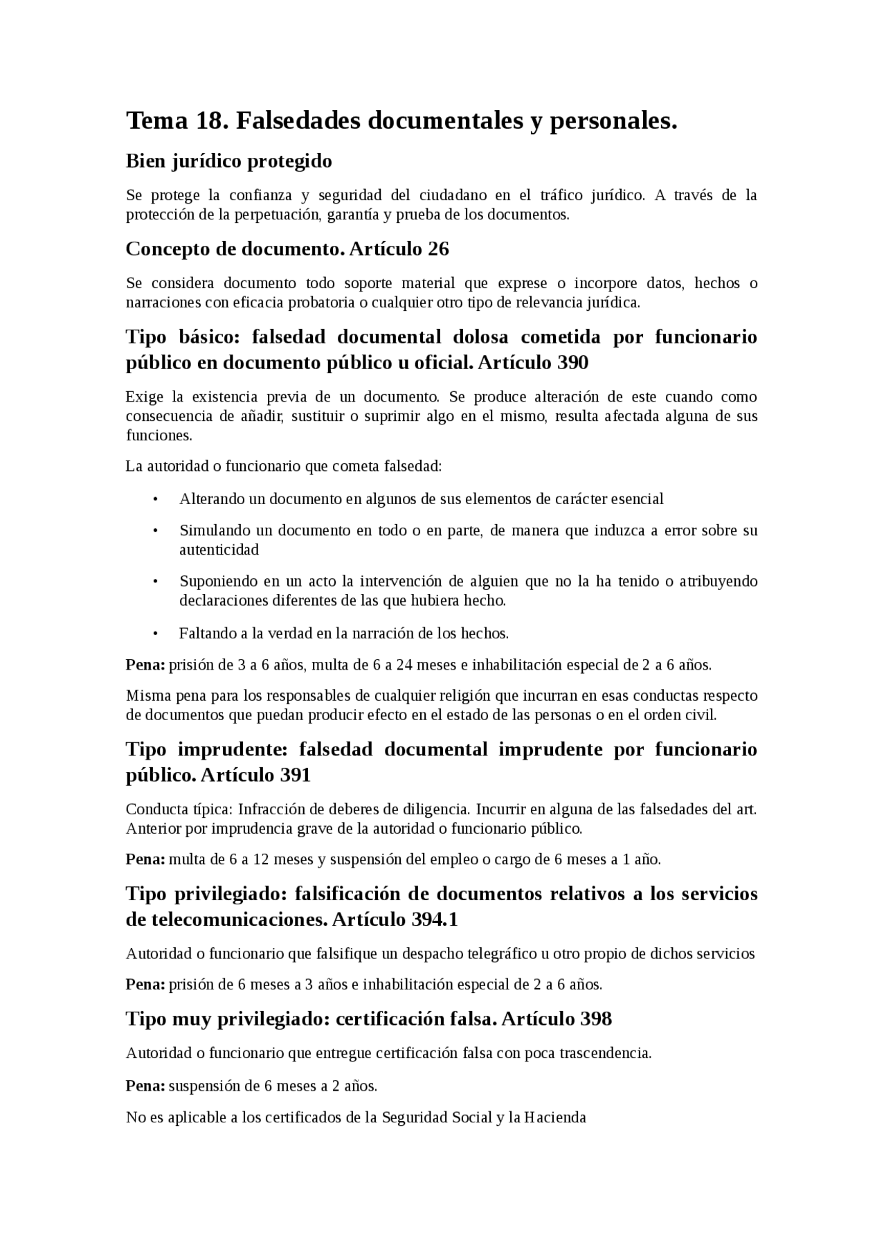 Tema 18. Falsedades documentales y personales Bien jurídico - Ejercicios de Derecho Penal - Docsity