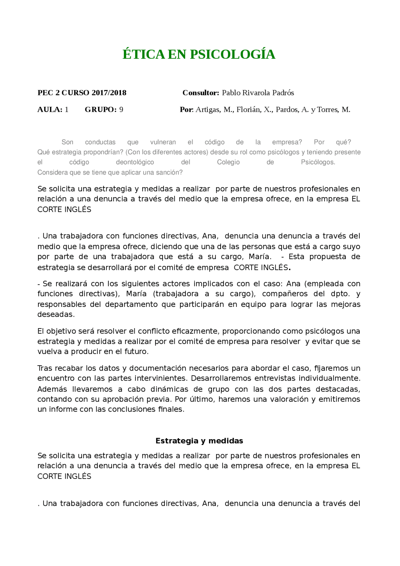 ETICA EN PSICOLOGIA - Ejercicios de Psicología - Docsity