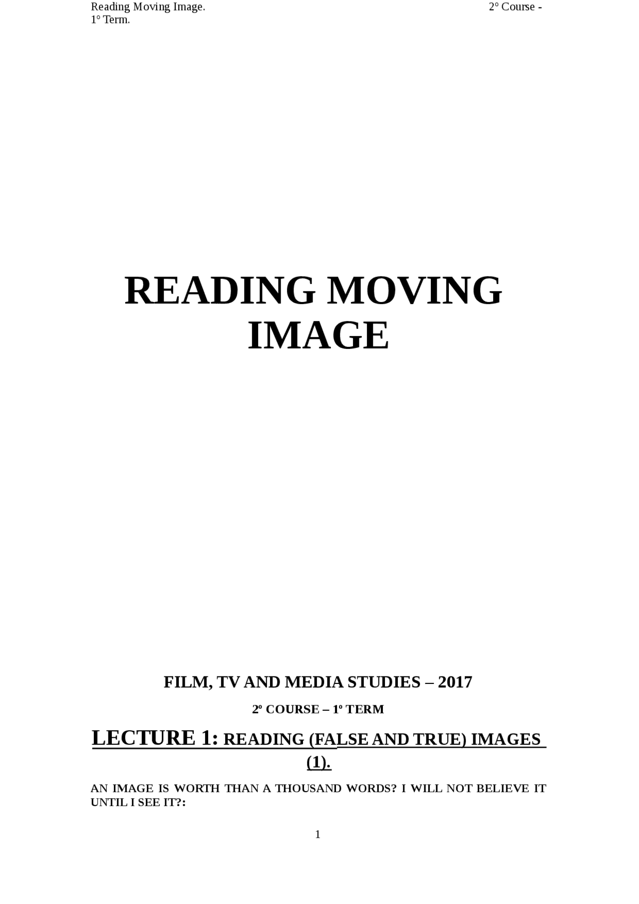 Reading Moving Image - Ejercicios de Comunicación Audiovisual - Docsity