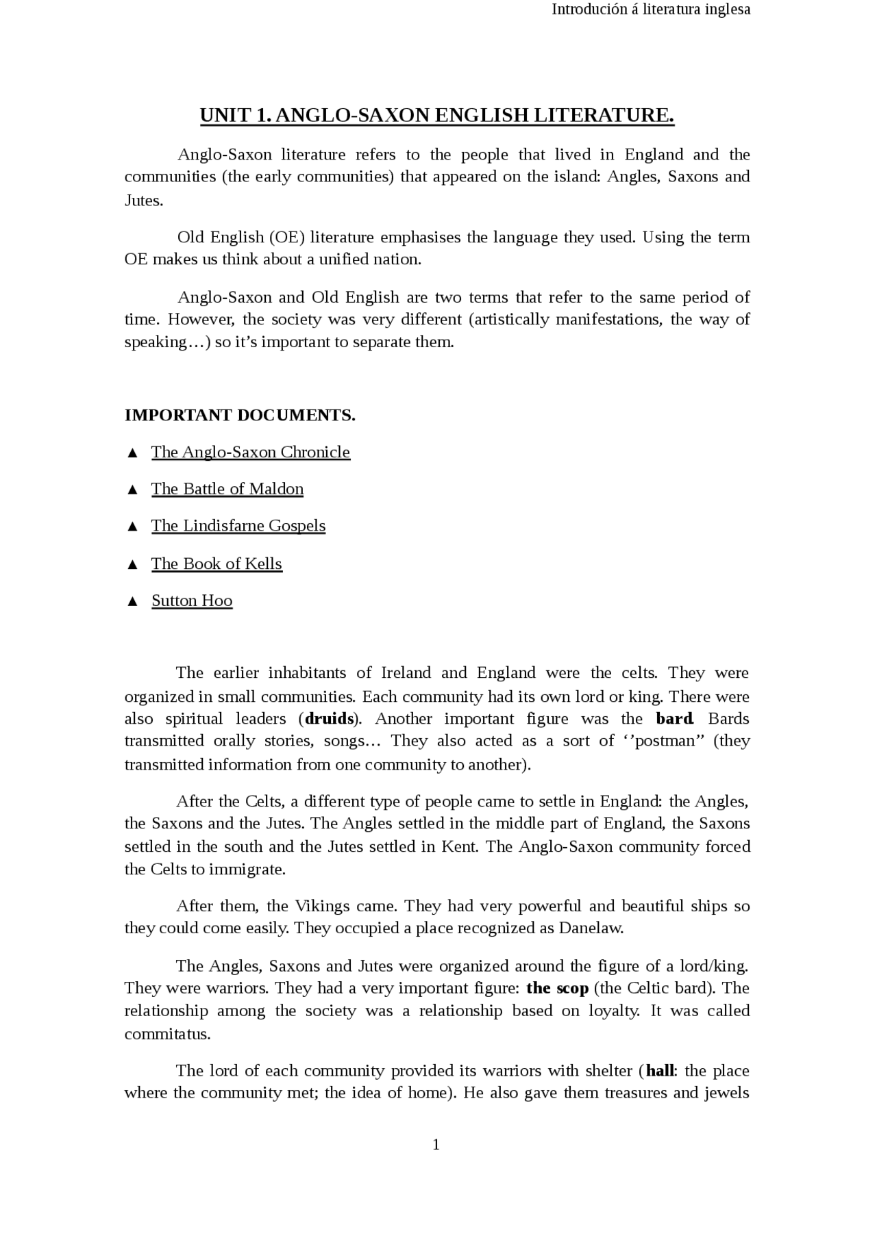 Unit 1. Anglo-Saxon literature - Ejercicios de Idioma Inglés - Docsity