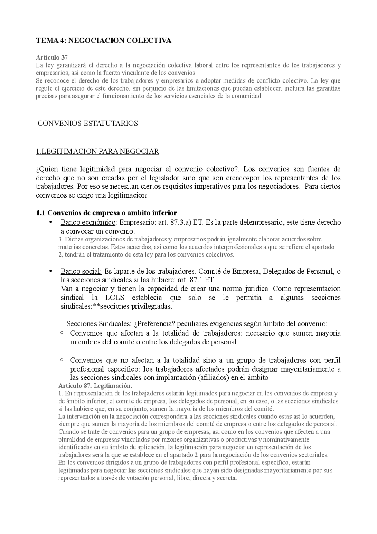 TEMA 4: NEGOCIACION COLECTIVA CONVENIOS ESTATUTARIOS - Ejercicios de Derecho Laboral - Docsity