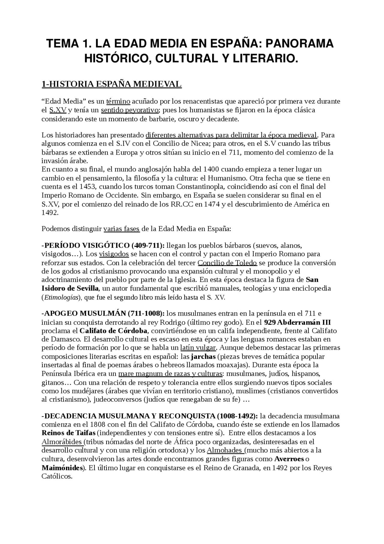 TEMA 1. LA EDAD MEDIA EN ESPAÑA: PANORAMA HISTÓRICO, CULTURAL ...