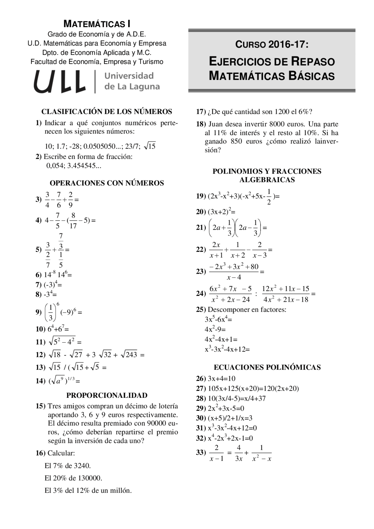 Ejercicios de repaso de matemáticas - Ejercicios de Matemáticas - Docsity
