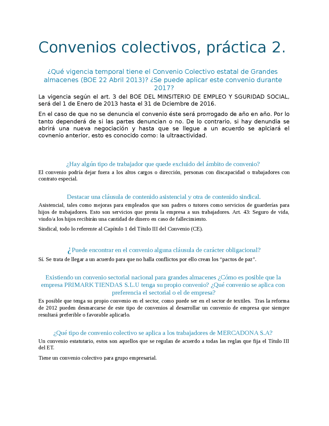 Práctica convenios coelctivos. 2º - Ejercicios de Derecho Laboral - Docsity