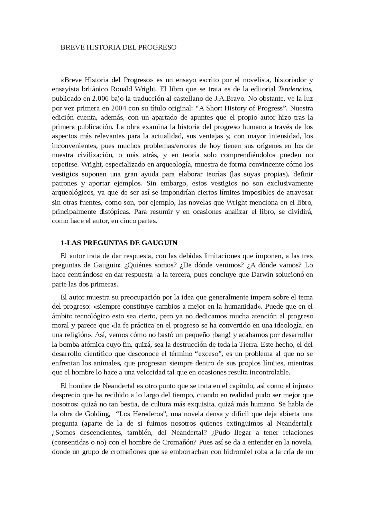Breve Historia del Progreso - Ejercicios de Historia - Docsity