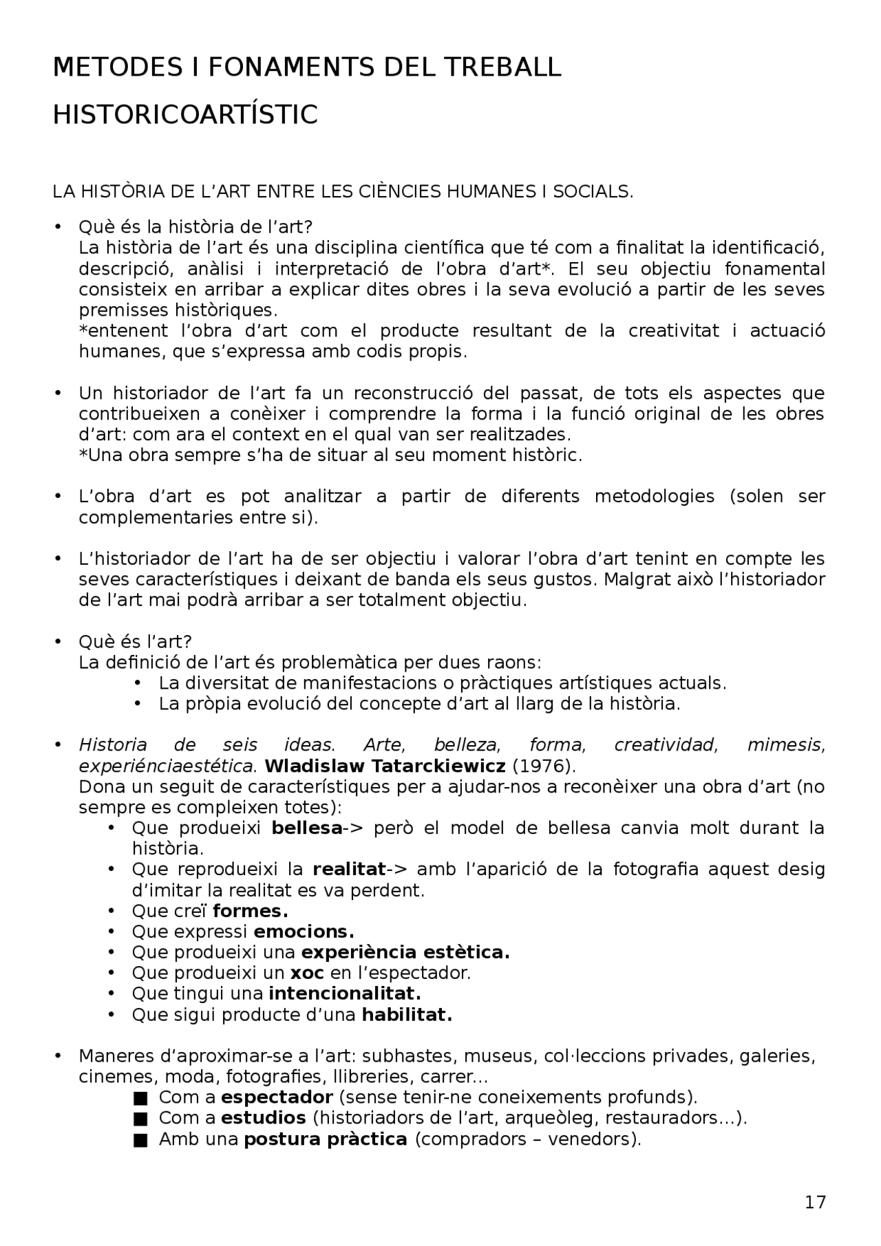 Mètodes i fonaments del treball Historicoartistic - Ejercicios de Historia del Arte - Docsity
