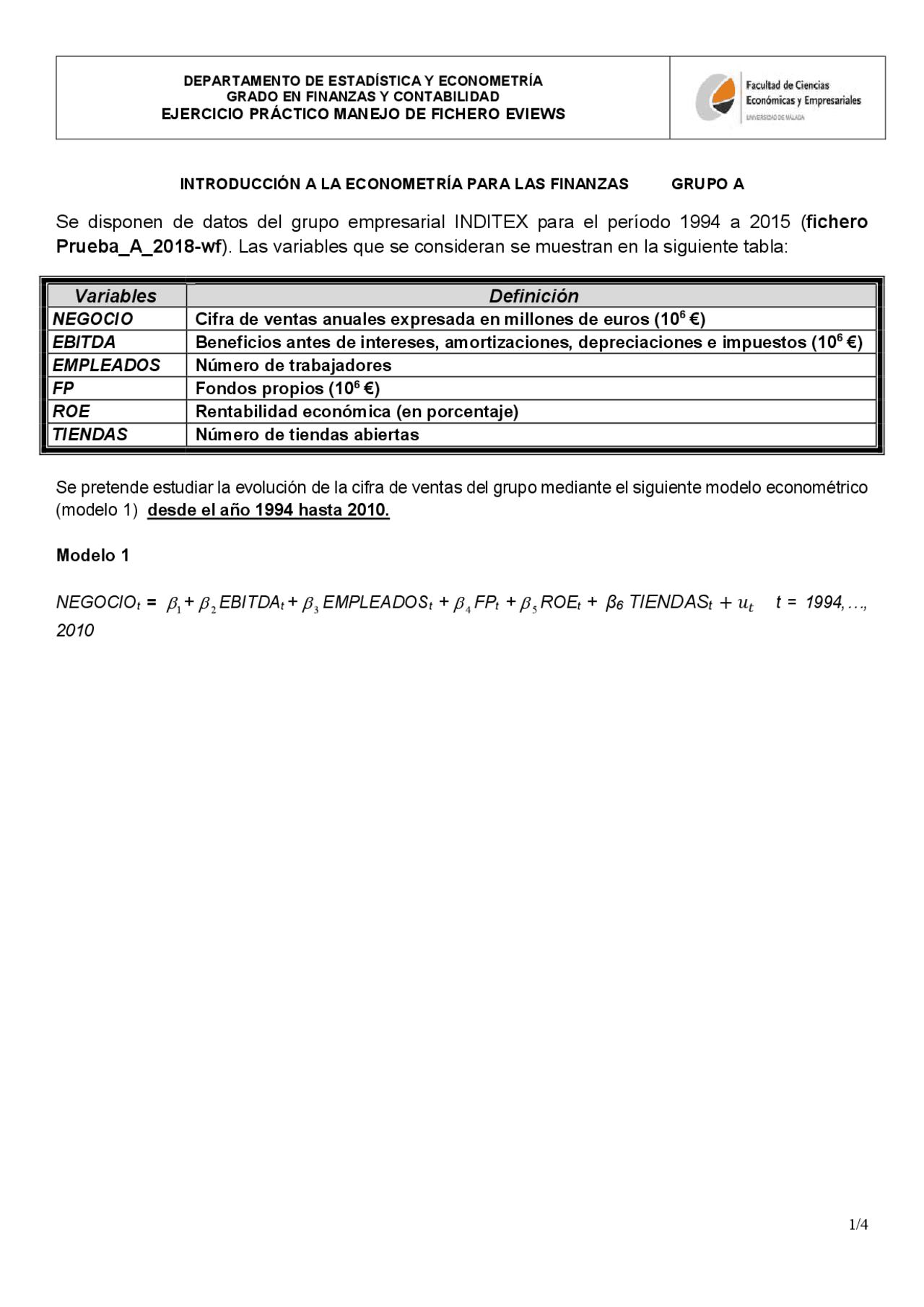 Prueba Econometria 1 - Ejercicios de Contabilidad Financiera - Docsity