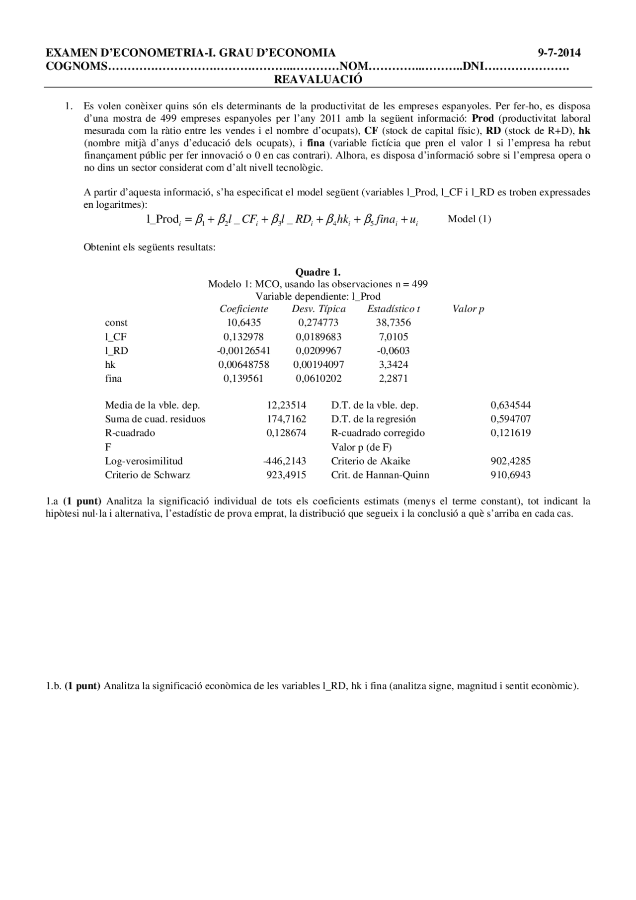 Econometria - Ejercicios de Econometría - Docsity
