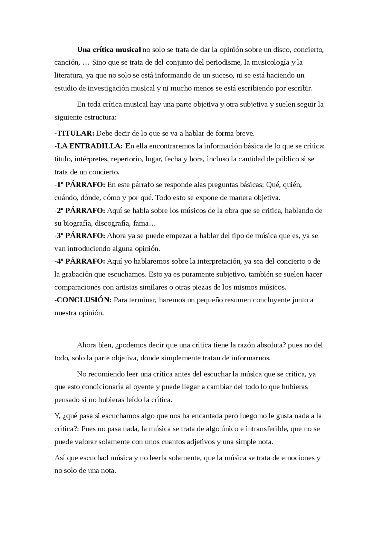 Realización crítica musical - Ejercicios de Música - Docsity