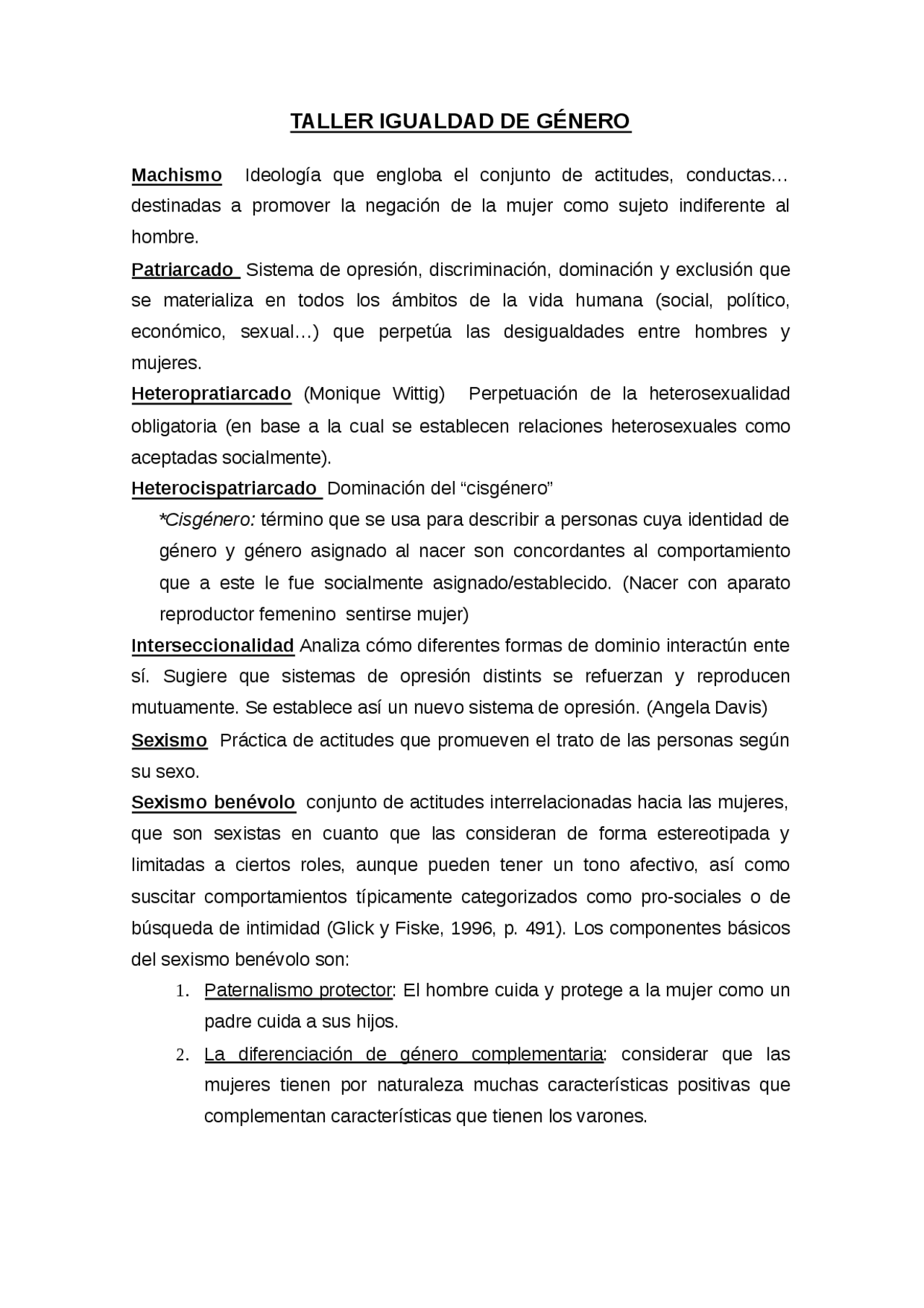 Taller igualdad de género - Ejercicios de Psicología - Docsity