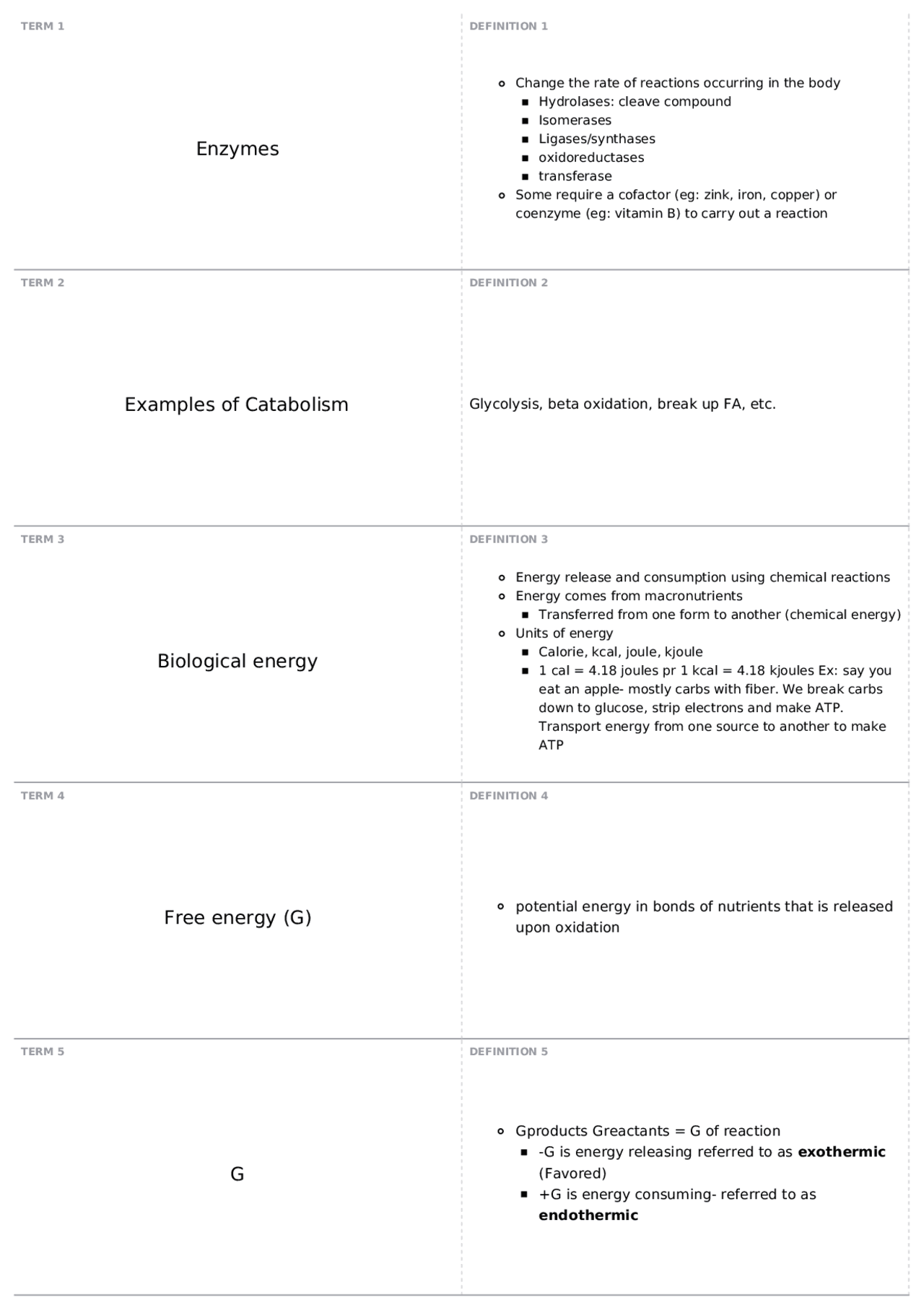 Metabolic Nutrition Flash Cards-Terms & Definitions Biological energy ...