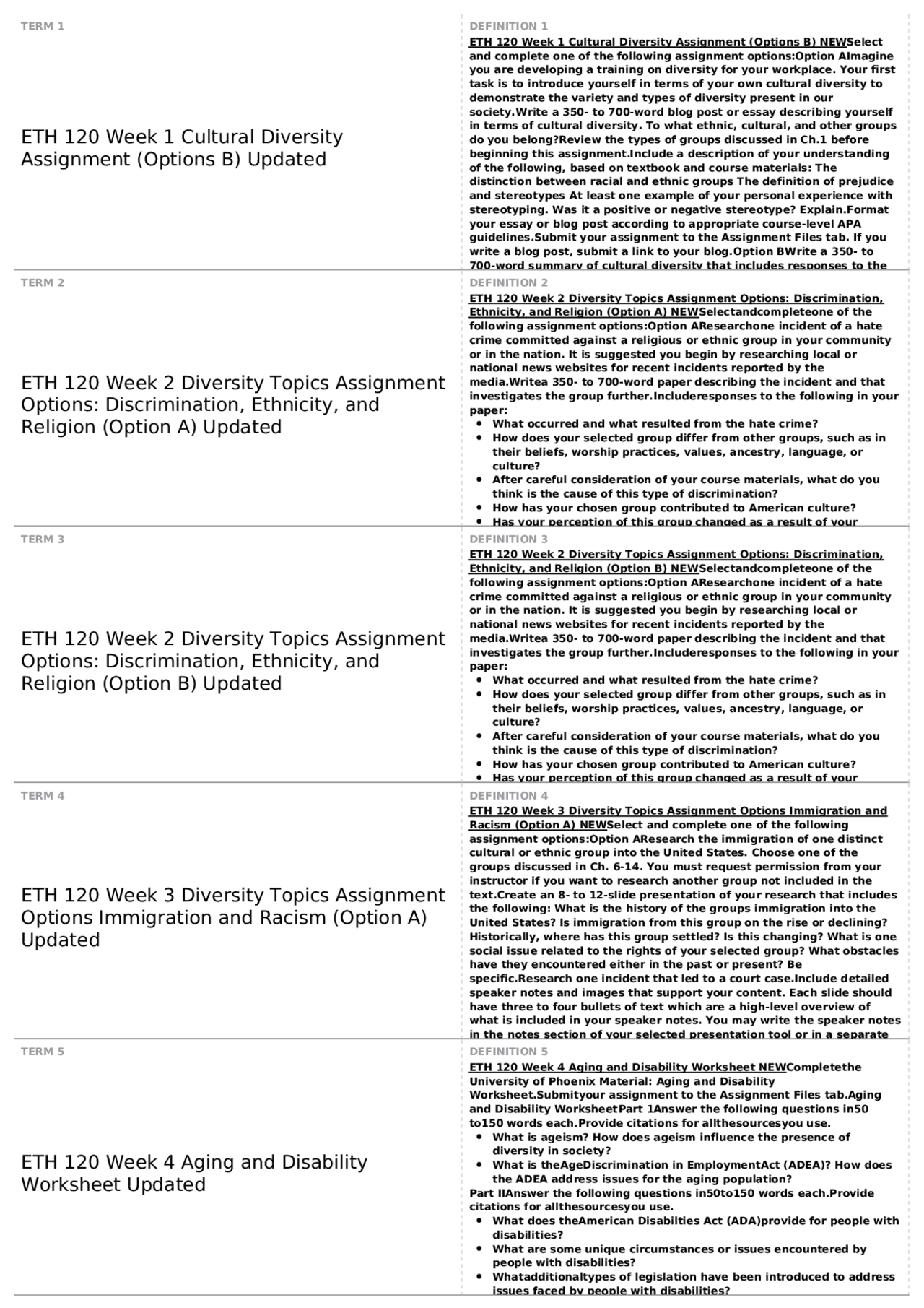 Cultural Diversity Assignments in ETH 120 Course | Quizzes Linguistics | Docsity