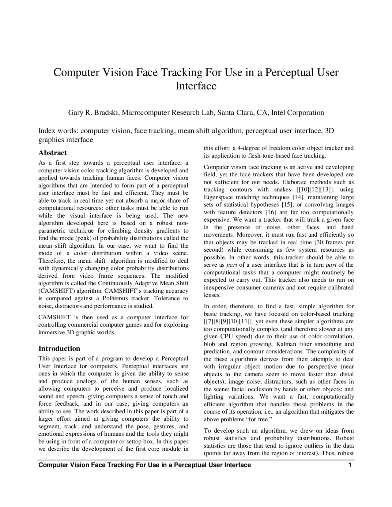 Computer Vision Face Tracking For Use in a Perceptual User Interface ... Computer Vision Face Tracking For Use in a Perceptual User Interface ...