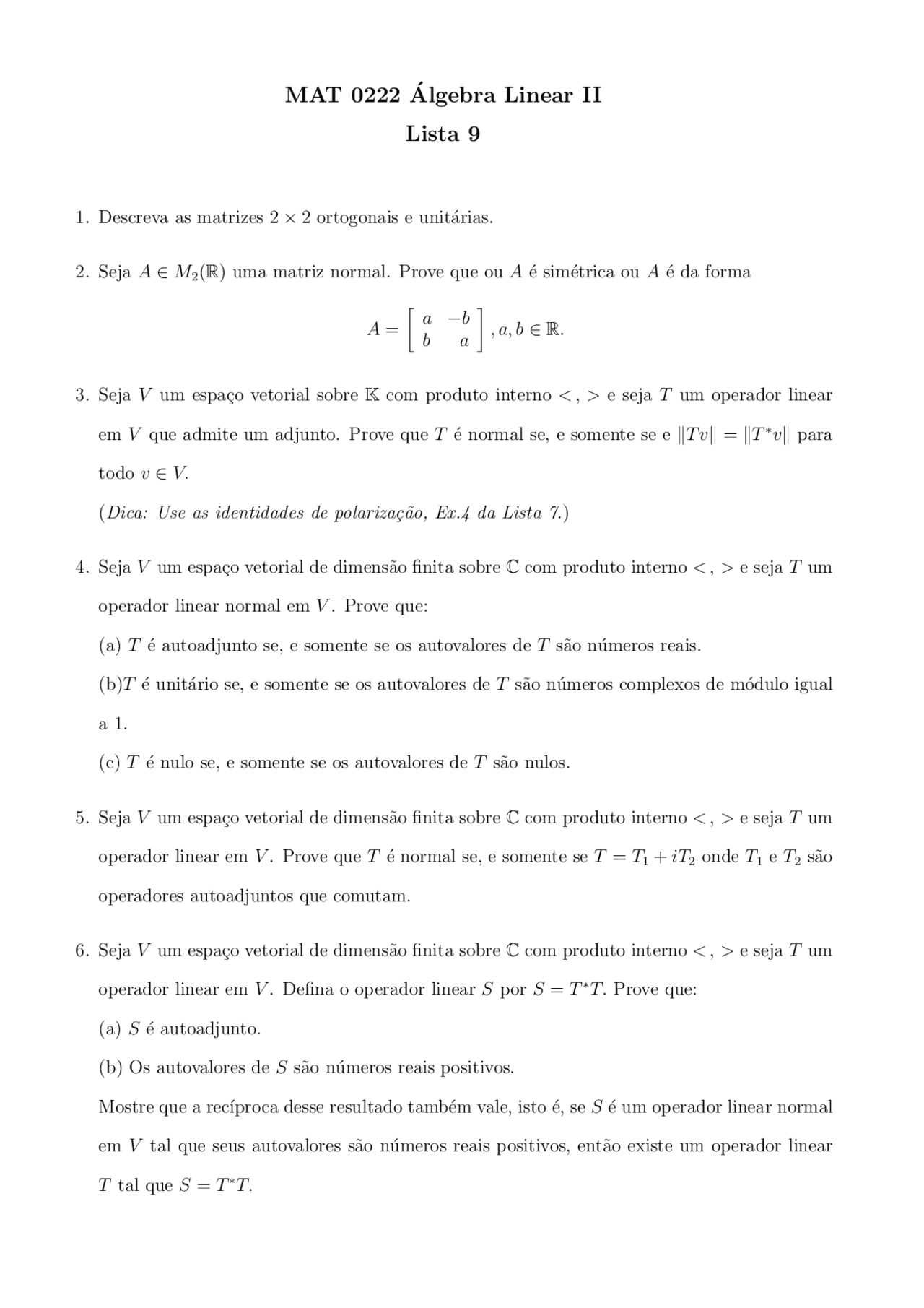 Lista De Espaços Vetoriais Complexos Lista De Exercícios De Álgebra