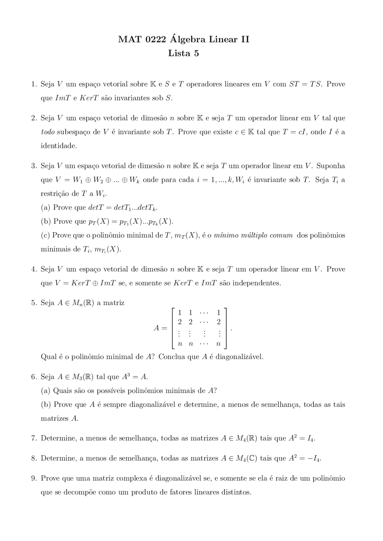 Lista de Exercícios de Operadores Lineares - Lista de exercícios de Álgebra Linear - Docsity