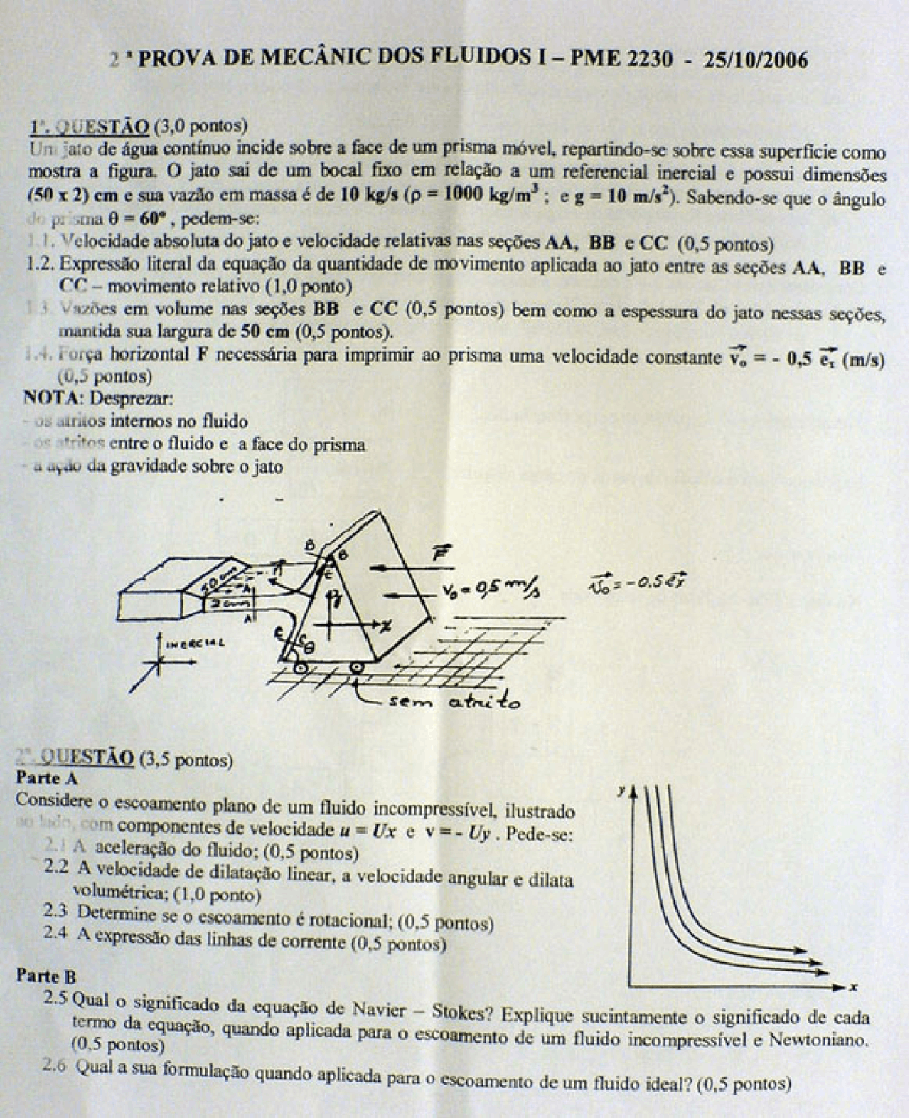 P2 Mecflu 2006 - Prova P2. PME2230 - Mecânica dos Fluidos. - Docsity