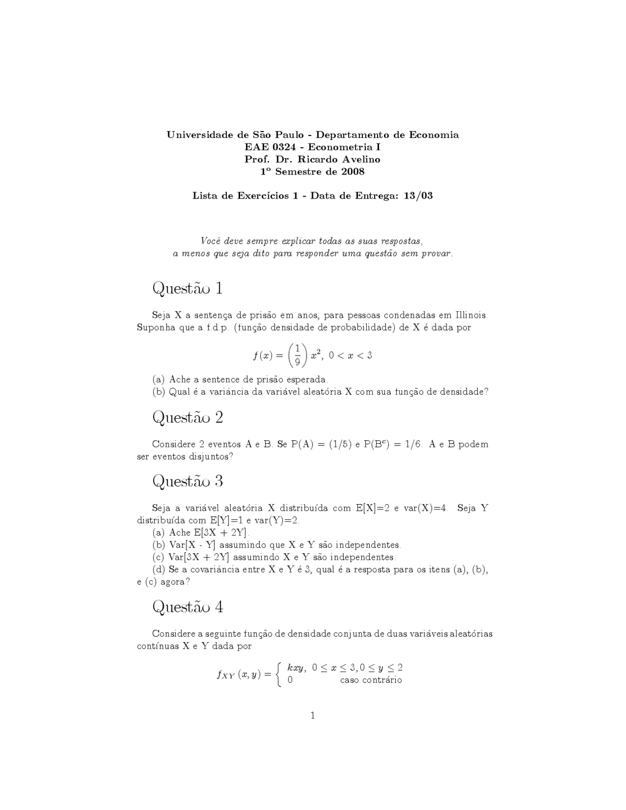 Lista 1 De Econometria I Lista De Exercícios De Econometria I Docsity