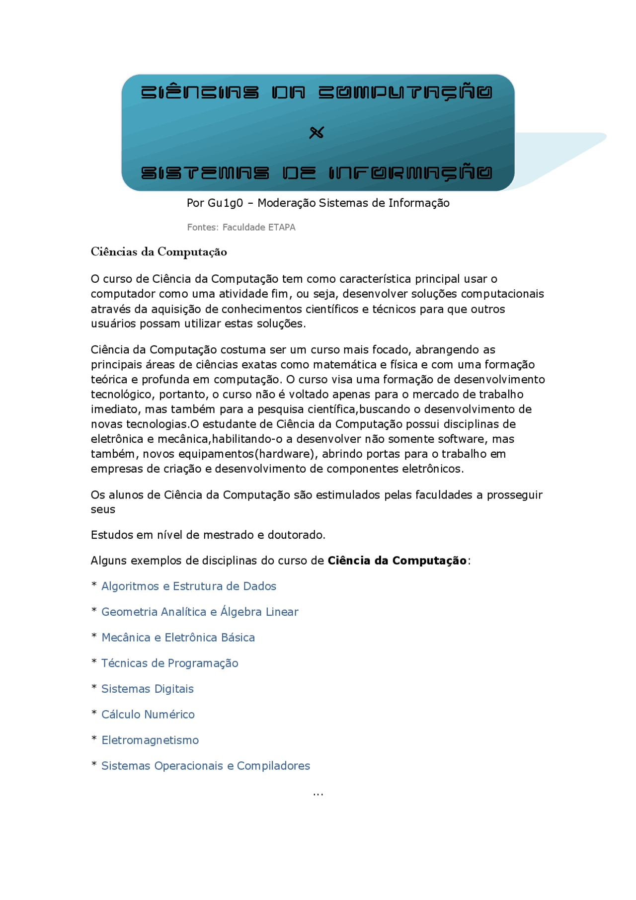 Ciências Da Computação X Sistemas De Informação Docsity