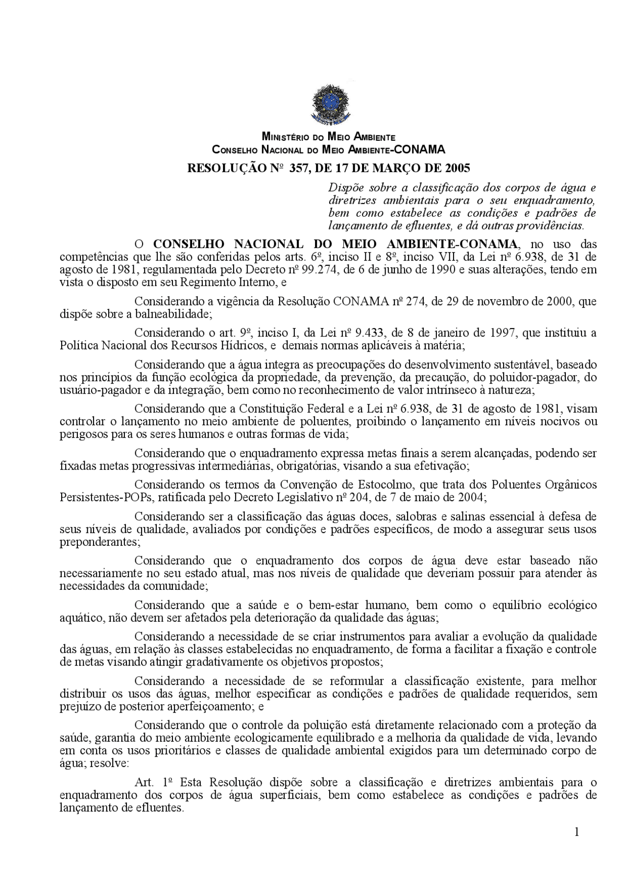Resolução conama 357 - RESOLUÇÃO CONAMA - Docsity