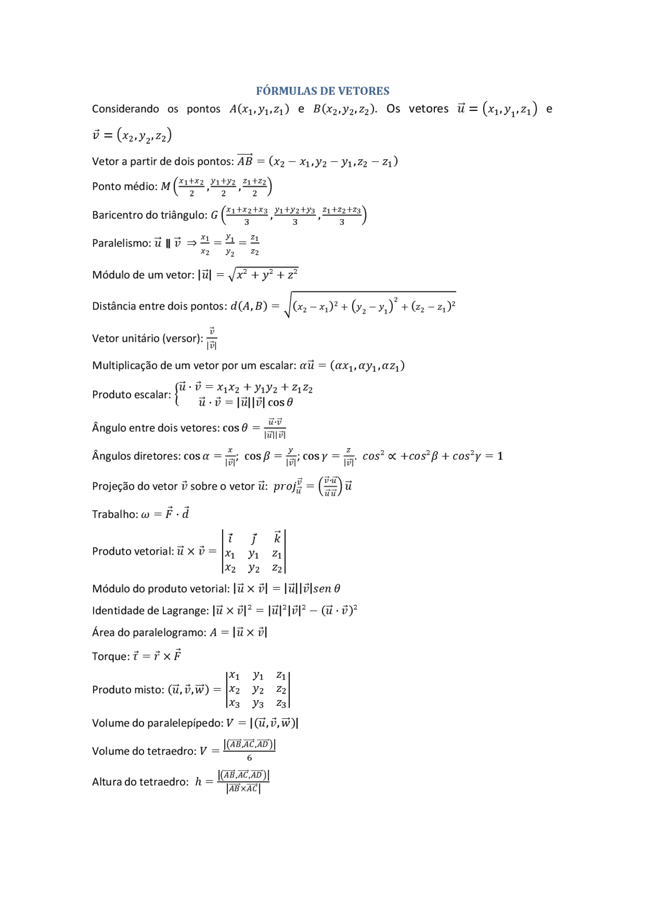 Fórmulas de Vetores - - - - - - - - - Docsity