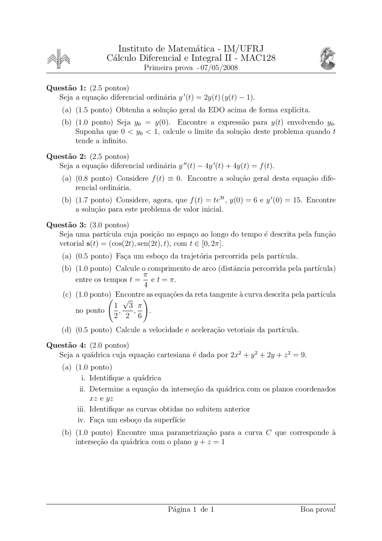 Provas Cálculo Ii P1 Calc2 2008 1 Eng Provas Unificadas Gabarito