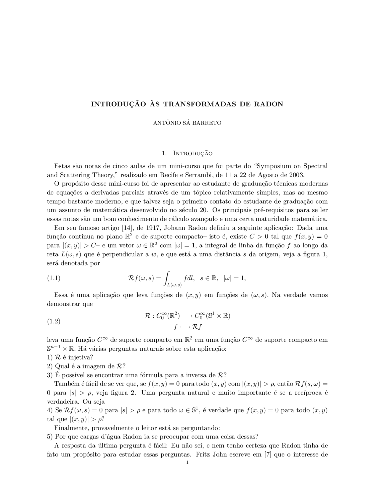 Introdução às Transformadas de Radon - Transformada de Radon e suas ...