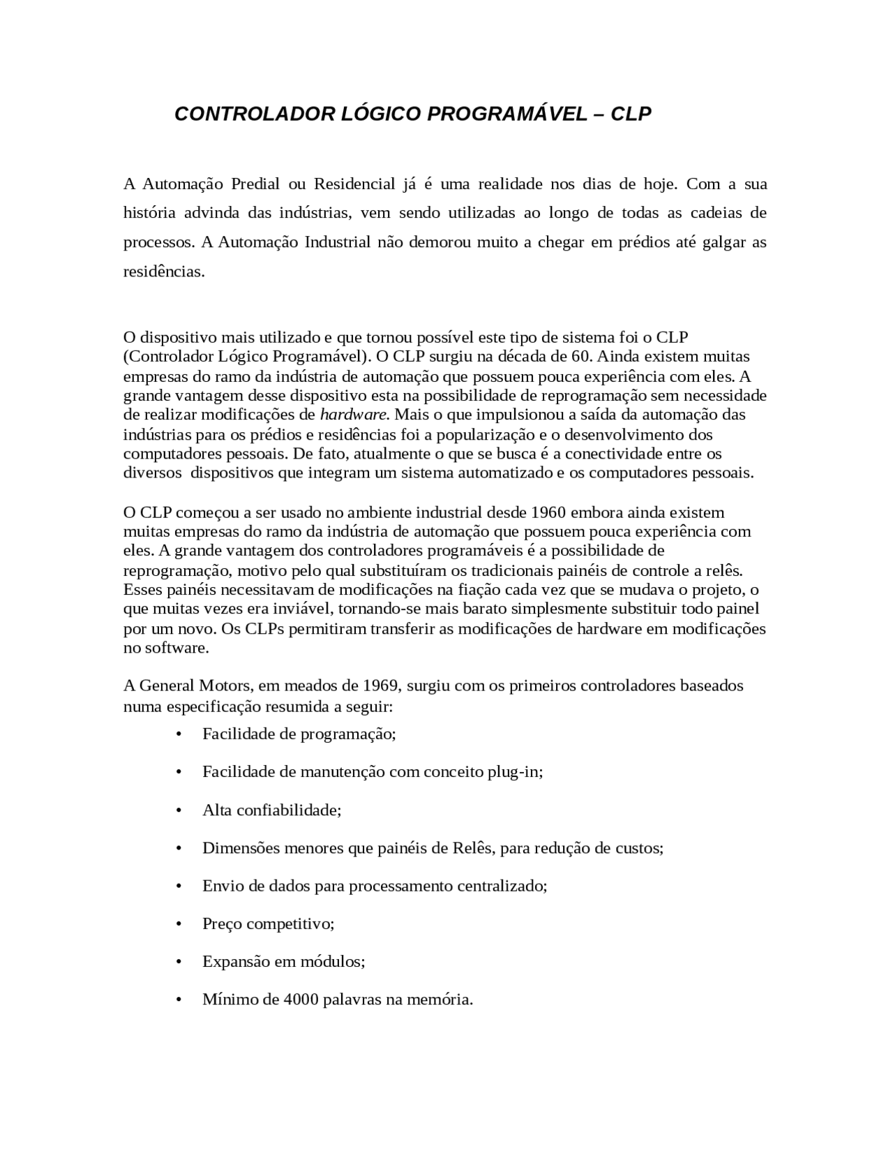 Controlador Lógico Programável Introdução Dos Clp´s Docsity