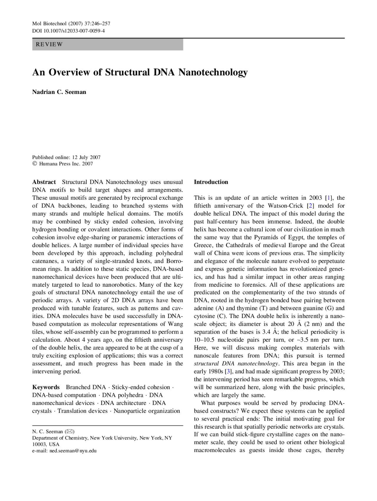 An Overview Of Structural Dna Nanotechnology An Overview Of