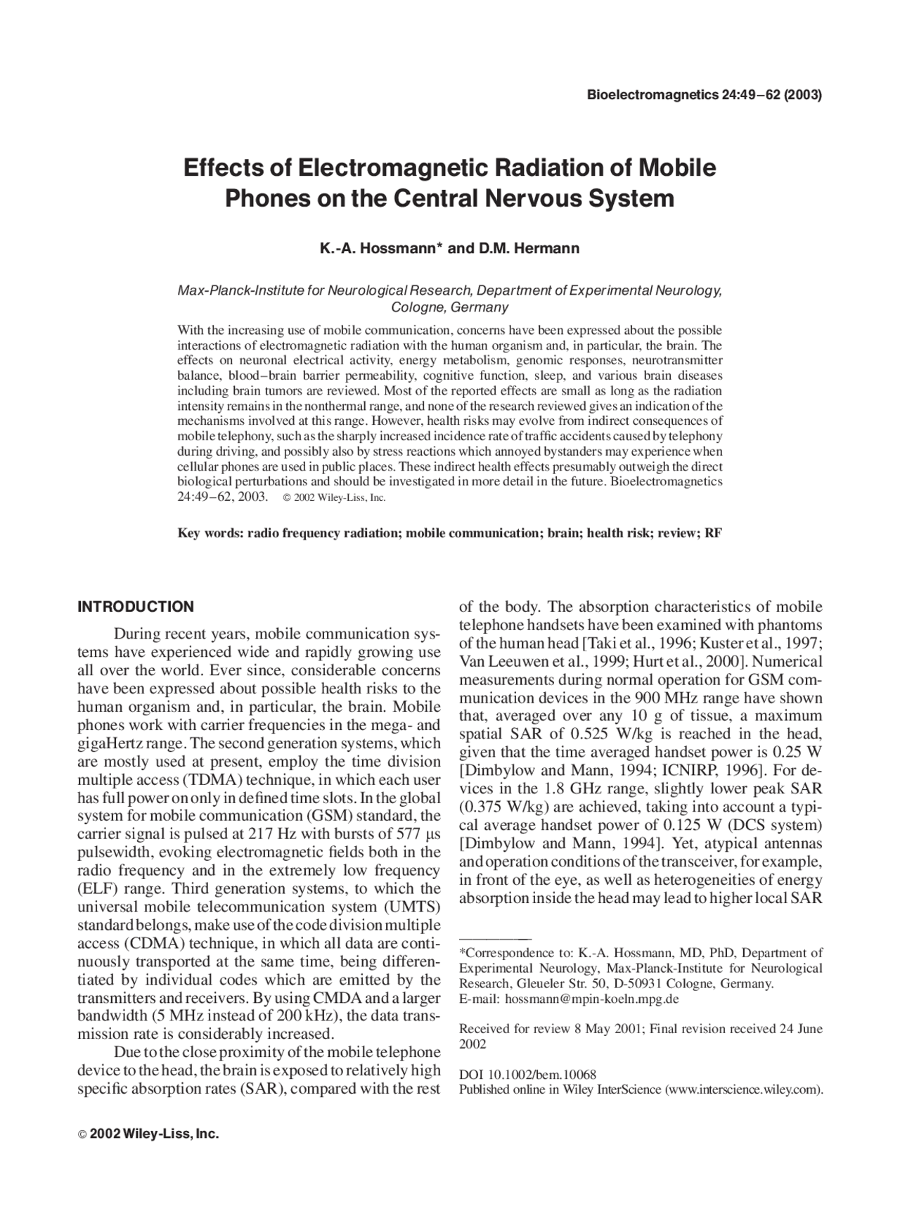 Effects of Electromagnetic Radiation of Mobile phones on the central nervous system - Docsity
