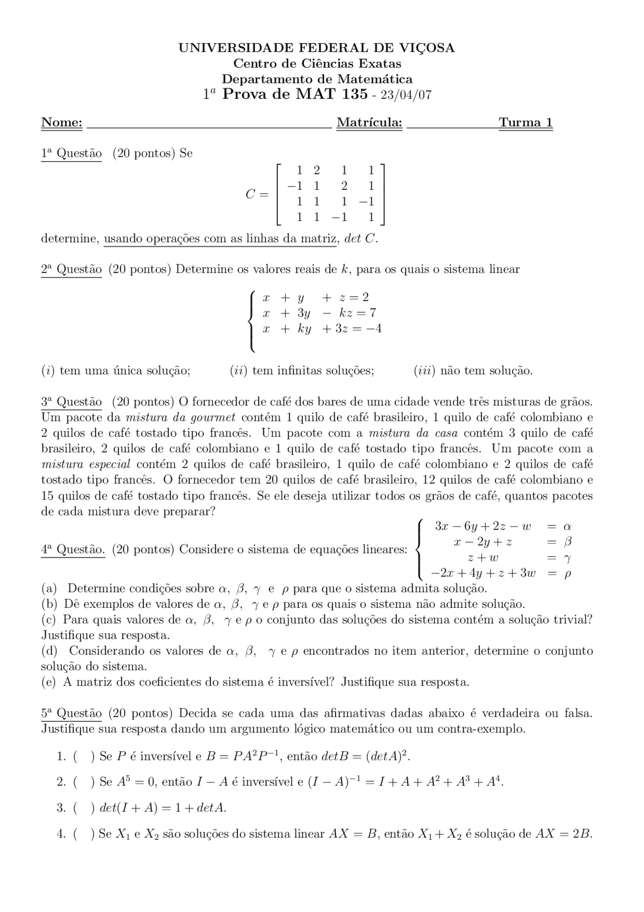 Geometria Analítica E Álgebra Linear Prova 1 Primeira Prova Da