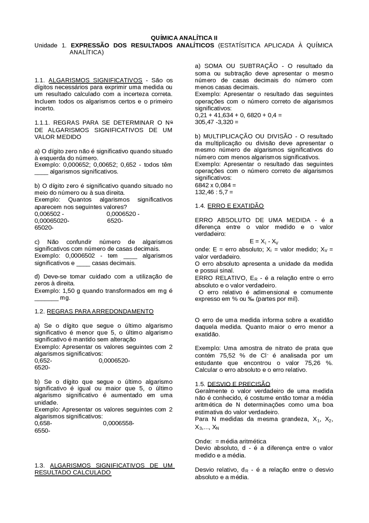 Química Analítica Ii Estatística Aplicada ExpressÃo Dos Resultados