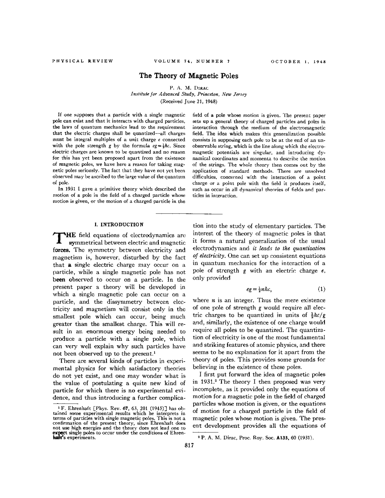 Dirac - The Theory of Magnetic Poles - Artigo original de P.A.M. Dirac ...