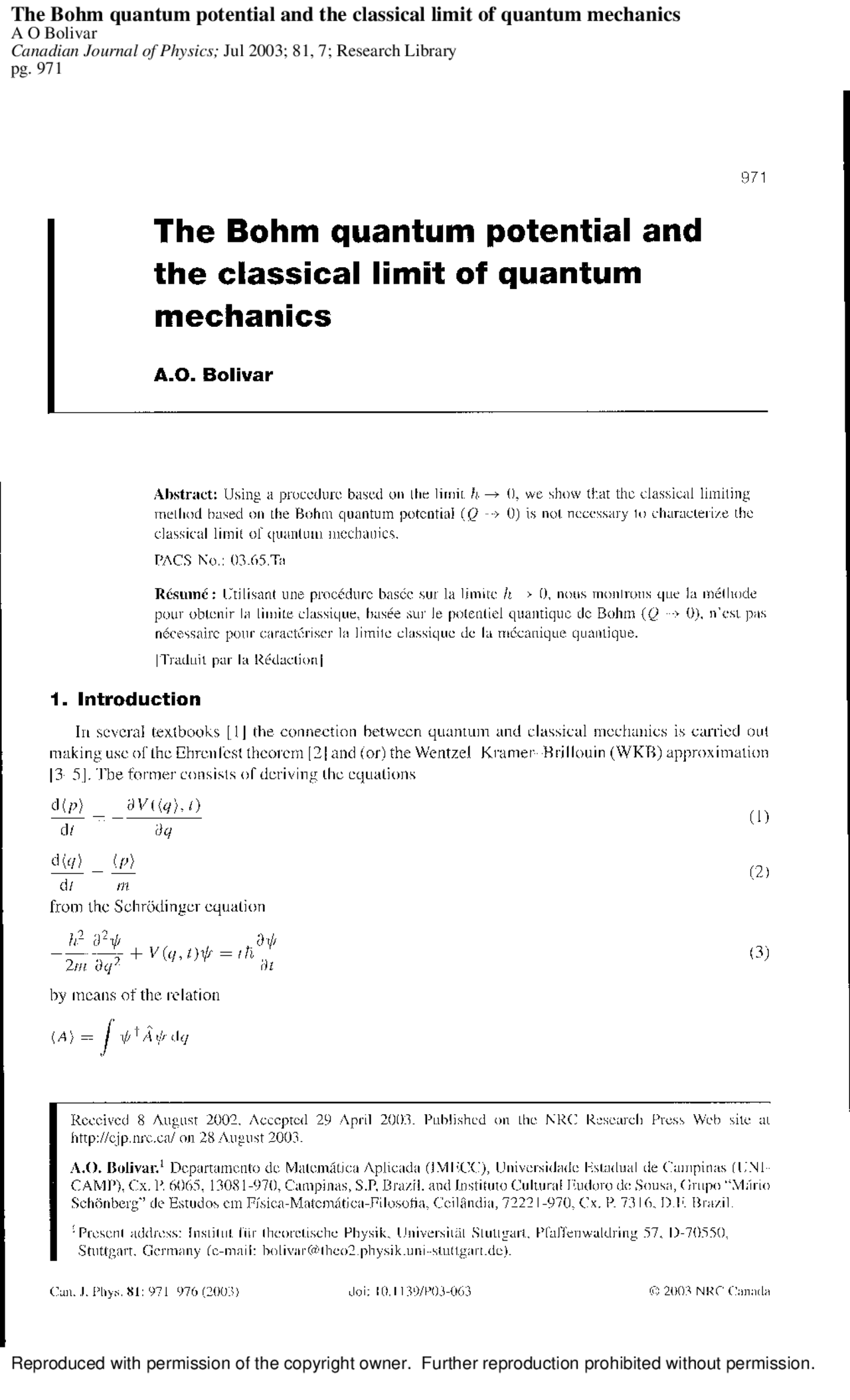 The Bohm quantum potential and the classical limit of quantum mechanics ...