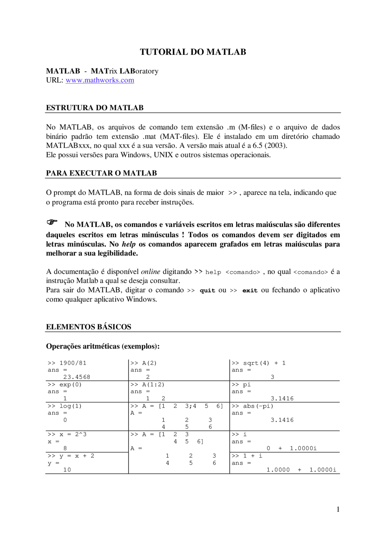 Tutorial Matlab Tutorial Rápido Que Ensina Operações Básicas Do