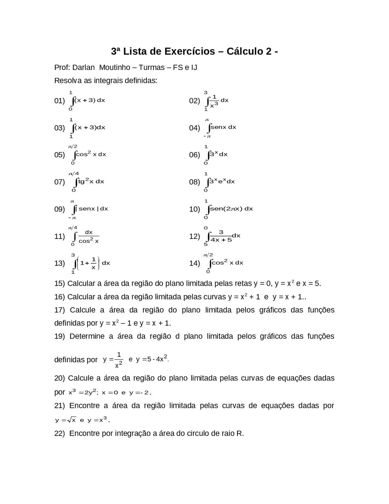 Cálculo 2 Lista De Exercícios 03 Cálculo 2 Exercícios Docsity