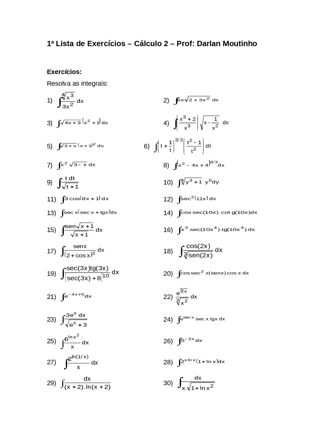 Cálculo 2 Lista De Exercícios 01 Cálculo 2 Exercícios Docsity