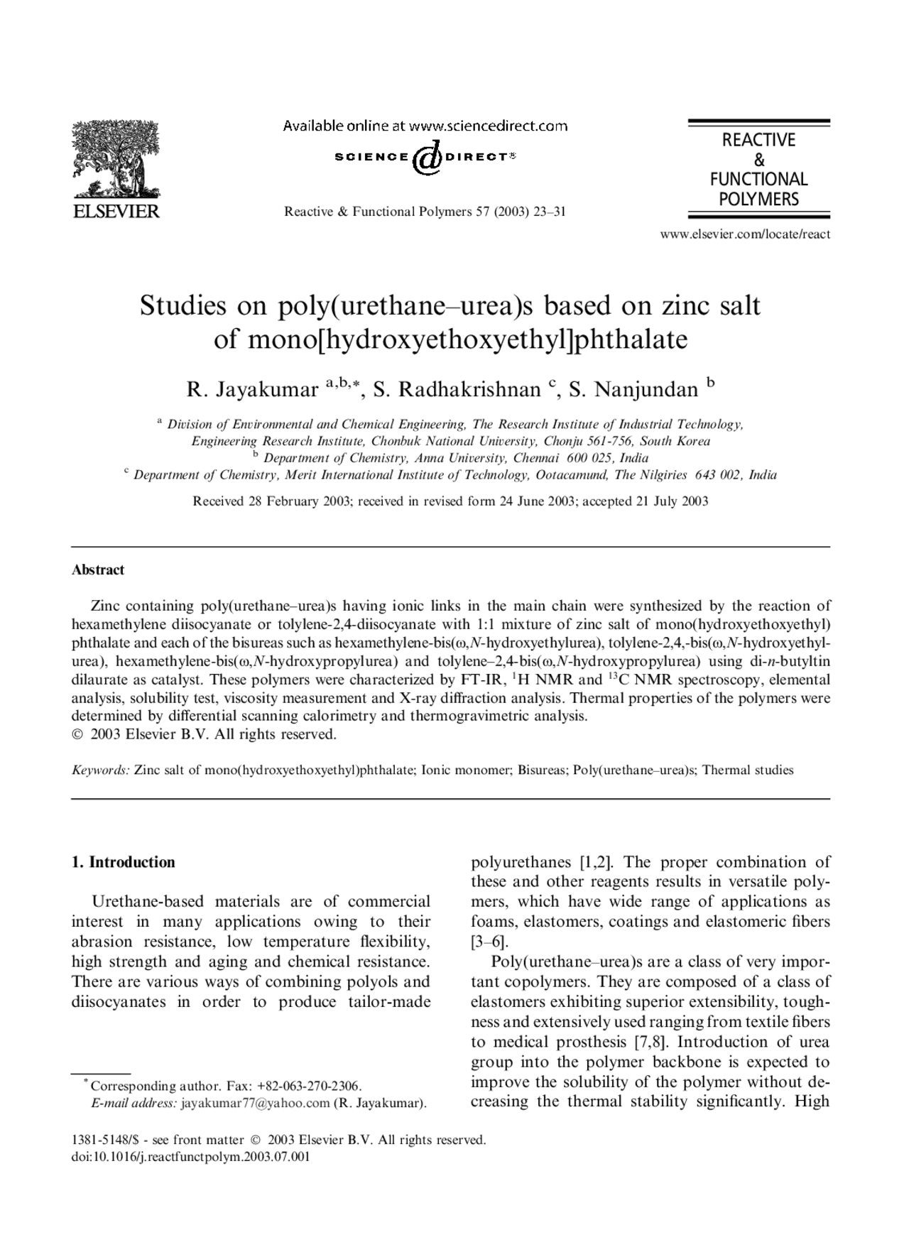 Studies on poly (urethane?urea) s based on zinc salt - Studies on poly ...